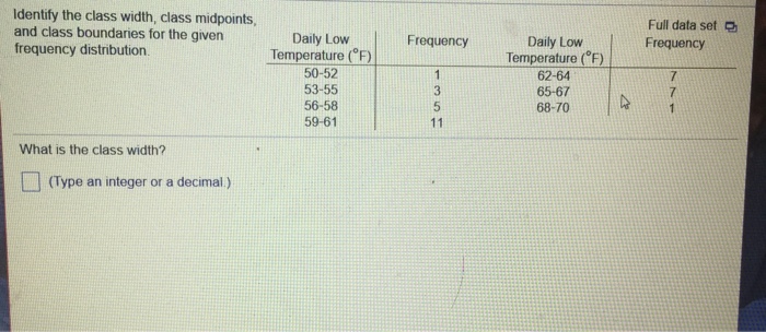 Solved Identify the class width, class midpoints, and class | Chegg.com