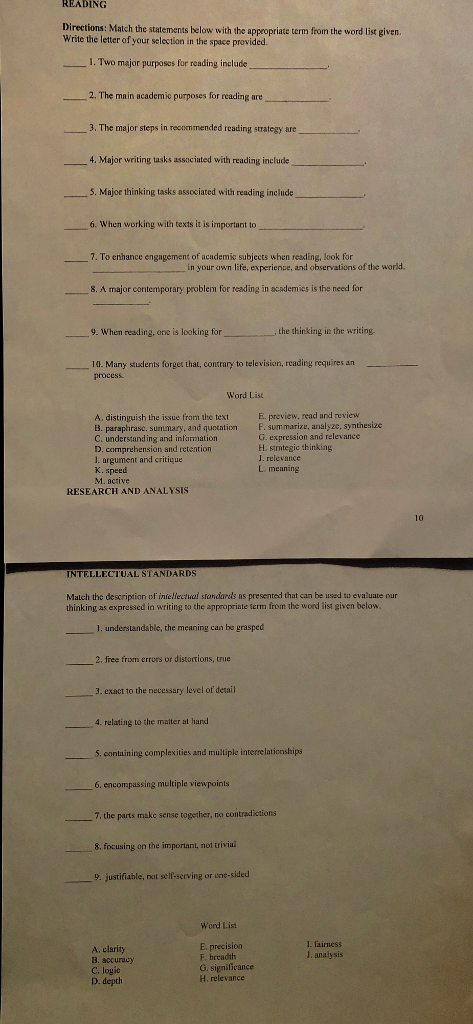 Solved READING Directions: Match the statements below with | Chegg.com