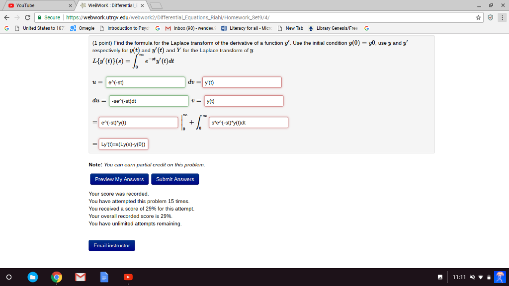 Solved YouTube × y . WeBWorK : Differential CSecure | Chegg.com