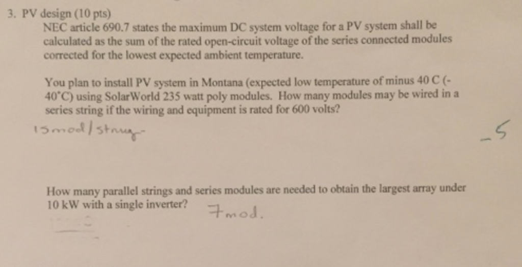 Solved 3. PV design (10 pts) NEC article 690.7 states the | Chegg.com