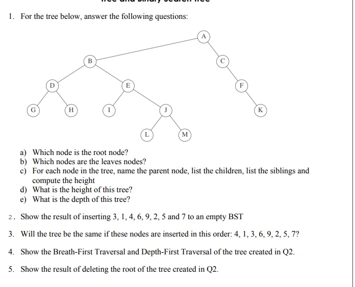 Solved 1. For the tree below, answer the following questions | Chegg.com