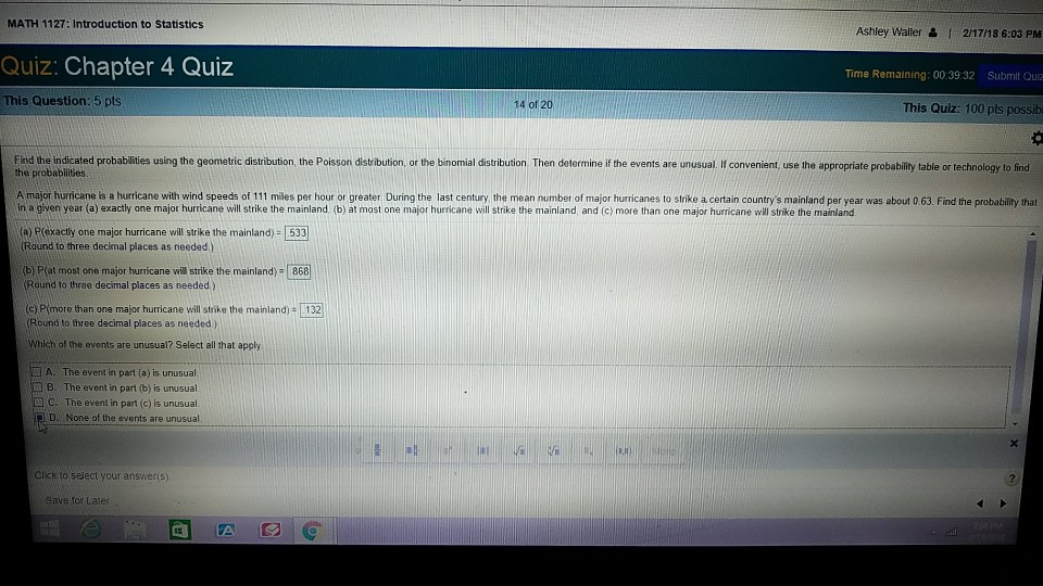 Solved: MATH 1127: Introduction To Statistics Ashley Walle... | Chegg.com
