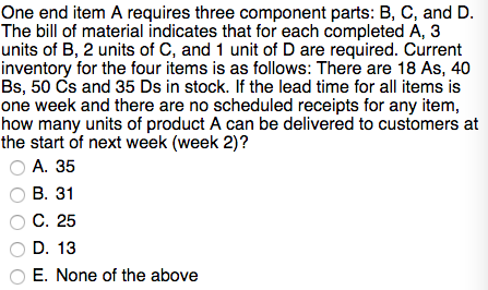 Solved One end item A requires three component parts: B, C, | Chegg.com