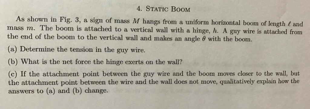 Solved 4. STATIC BooM As shown in Fig. 3, a sign of mass M | Chegg.com