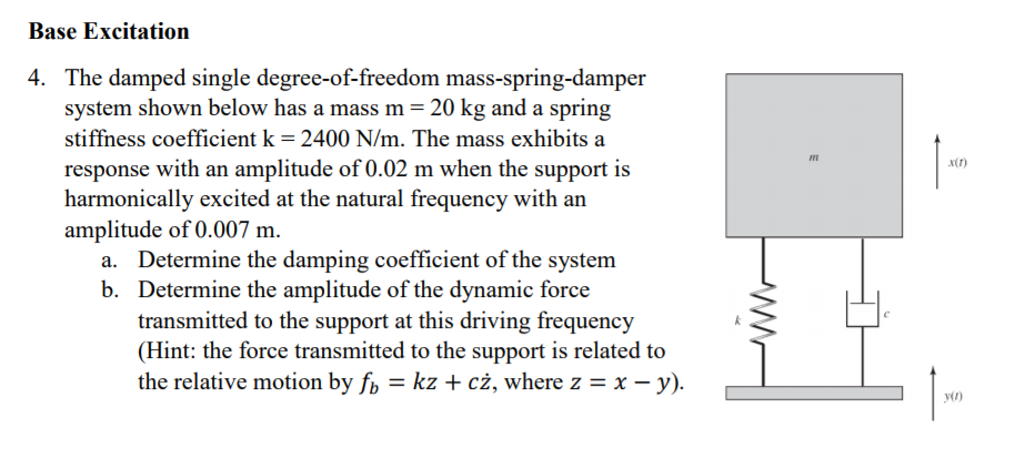 Solved Base Excitation The damped single degree-of-freedom | Chegg.com