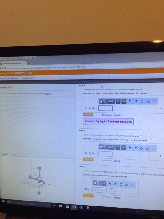 Solved pring 2016 STATICS-Lu Part A Enter the x, y and z | Chegg.com