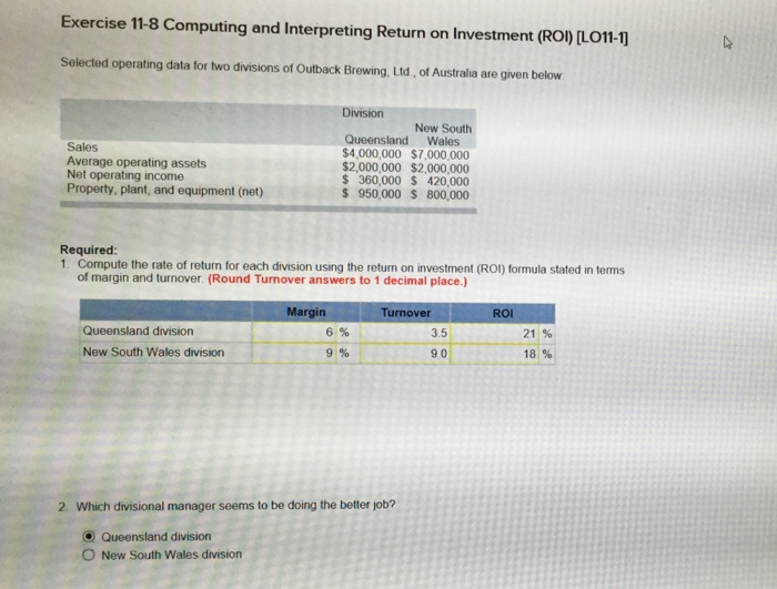 Solved Exercise 11-8 Computing and Interpreting Return on | Chegg.com