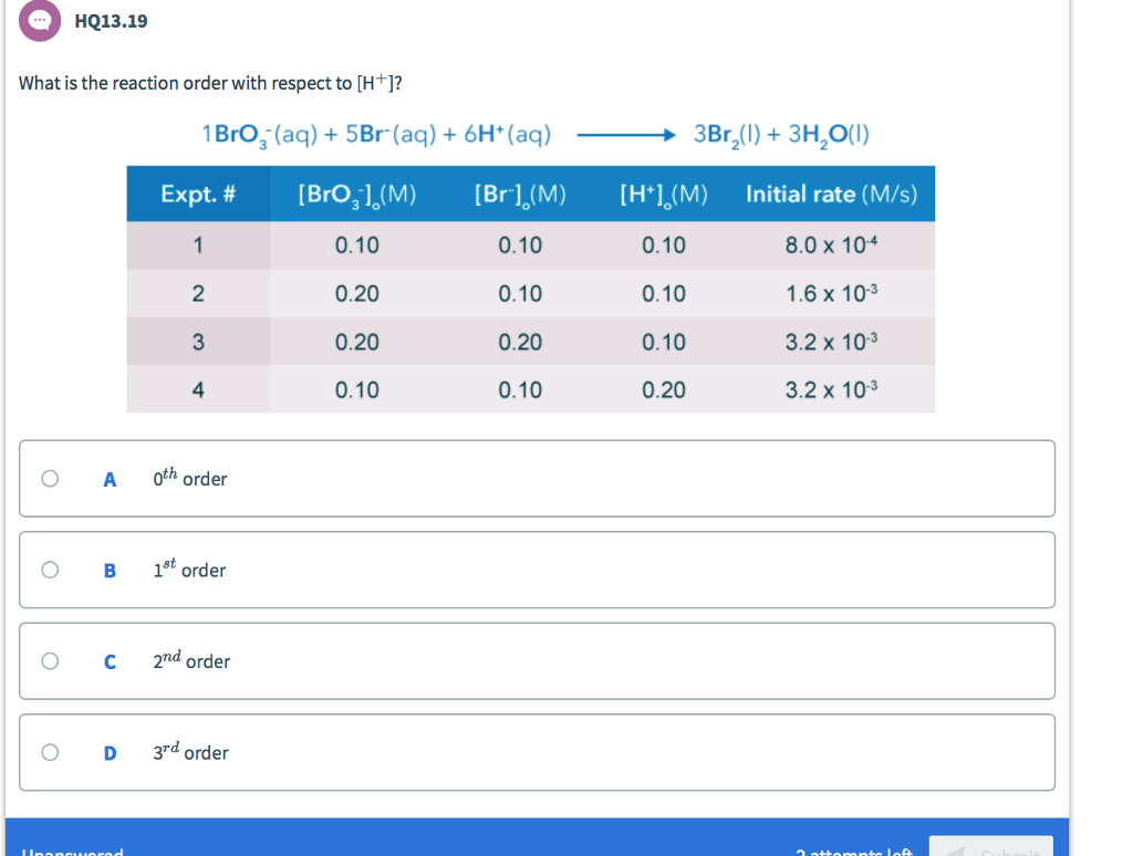 Solved HQ13.19 What is the reaction order with respect to [H | Chegg.com