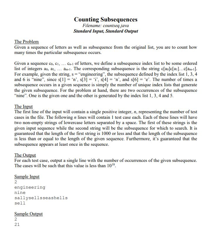 Solved Counting Subsequences Filename: countseq java | Chegg.com