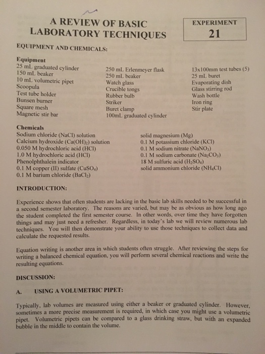 Solved A REVIEW OF BASIC EXPERIMENT LABORATORY TECHNIQUES | Chegg.com