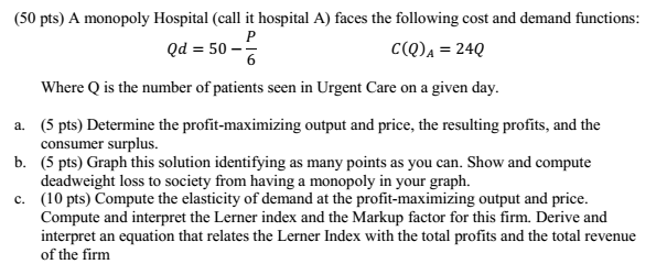 Solved A monopoly Hospital (call it hospital A) faces the | Chegg.com