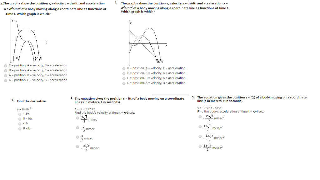 Solved The graphs show the position s, velocity v = ds/dt, | Chegg.com