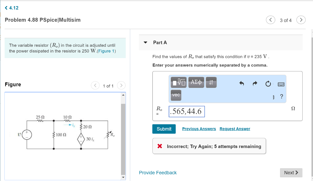 Solved K4.12 Problem 4.88 PSpice Multisim 3 of 4 > Part A | Chegg.com