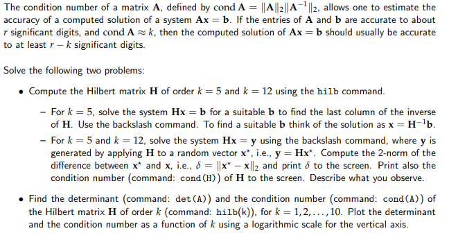 Matlab Linear Algebra. Please solve the following in | Chegg.com