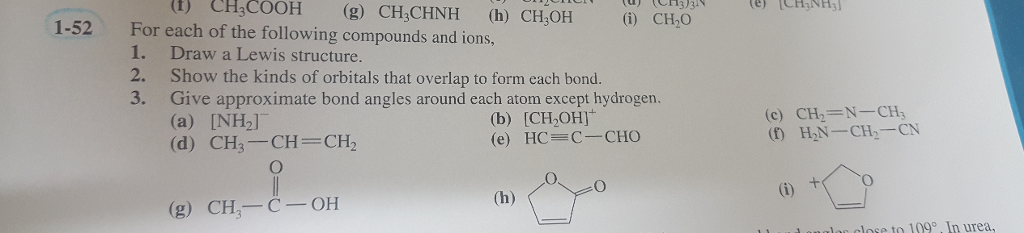 Solved (f) CH3COOH (g) CH3CHNH (h) CH3OH (i) CH20 1-52 For | Chegg.com