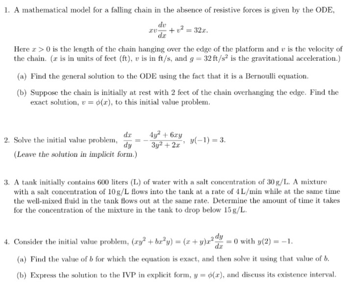Solved A mathematical model for a falling chain in the | Chegg.com