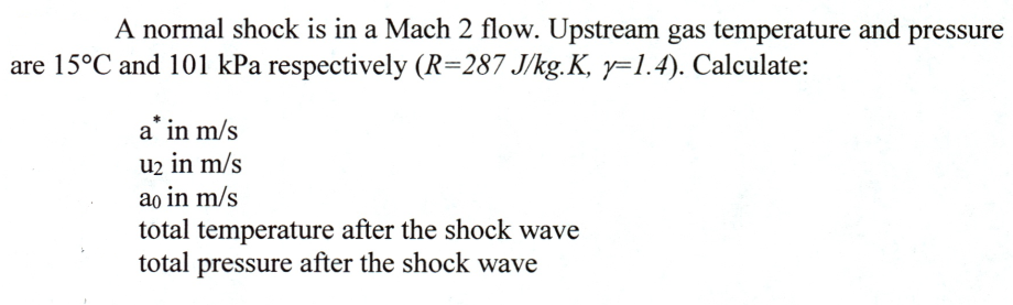 Solved A normal shock is in a Mach 2 flow. Upstream gas | Chegg.com