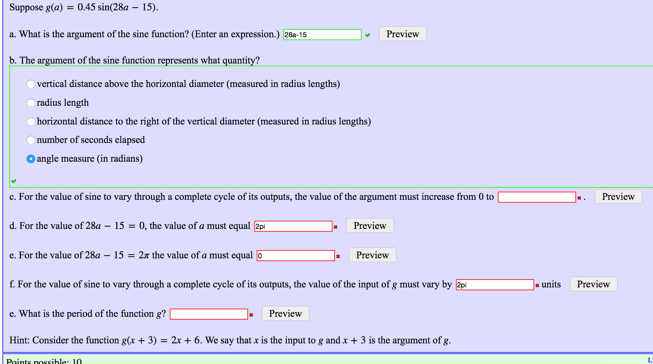 Solved Suppose g(a) = 0.45 sin(28a - 15). What is the | Chegg.com