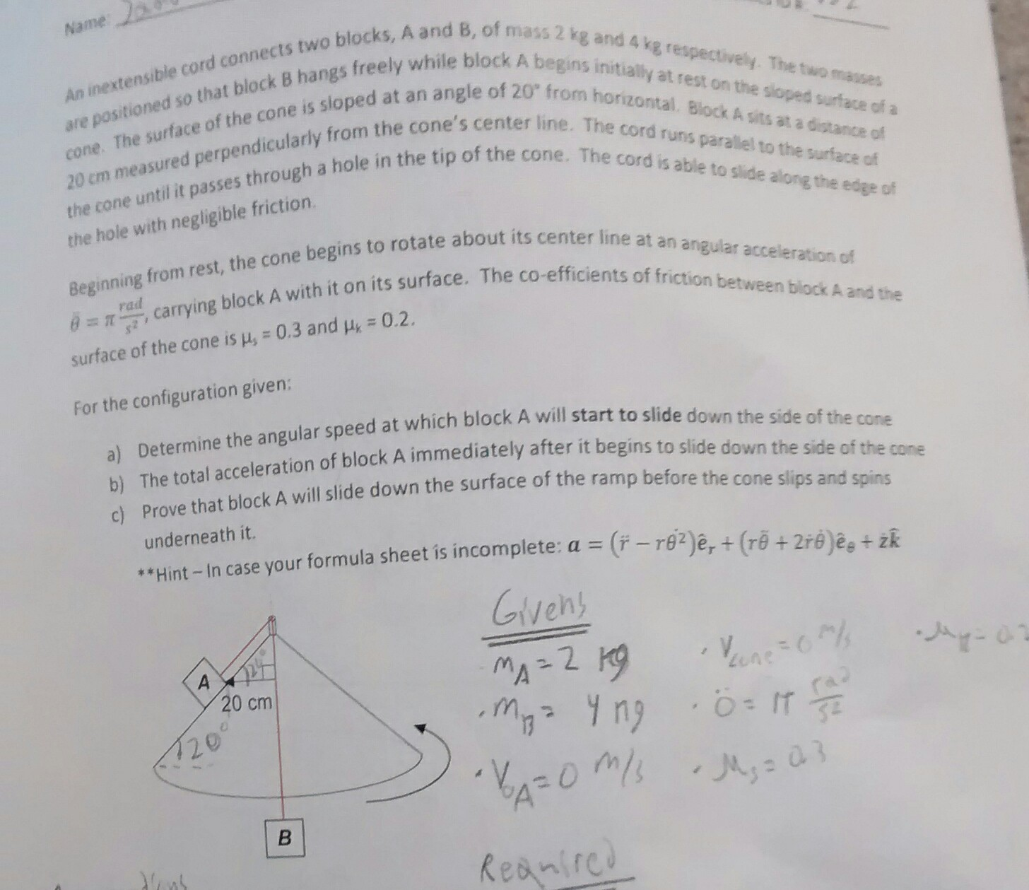 Solved An inextensible cord connects two blocks, A and B, of | Chegg.com
