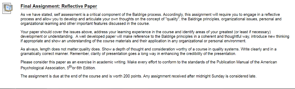 Solved Final Assignment: Reflective Paper As we have stated, | Chegg.com