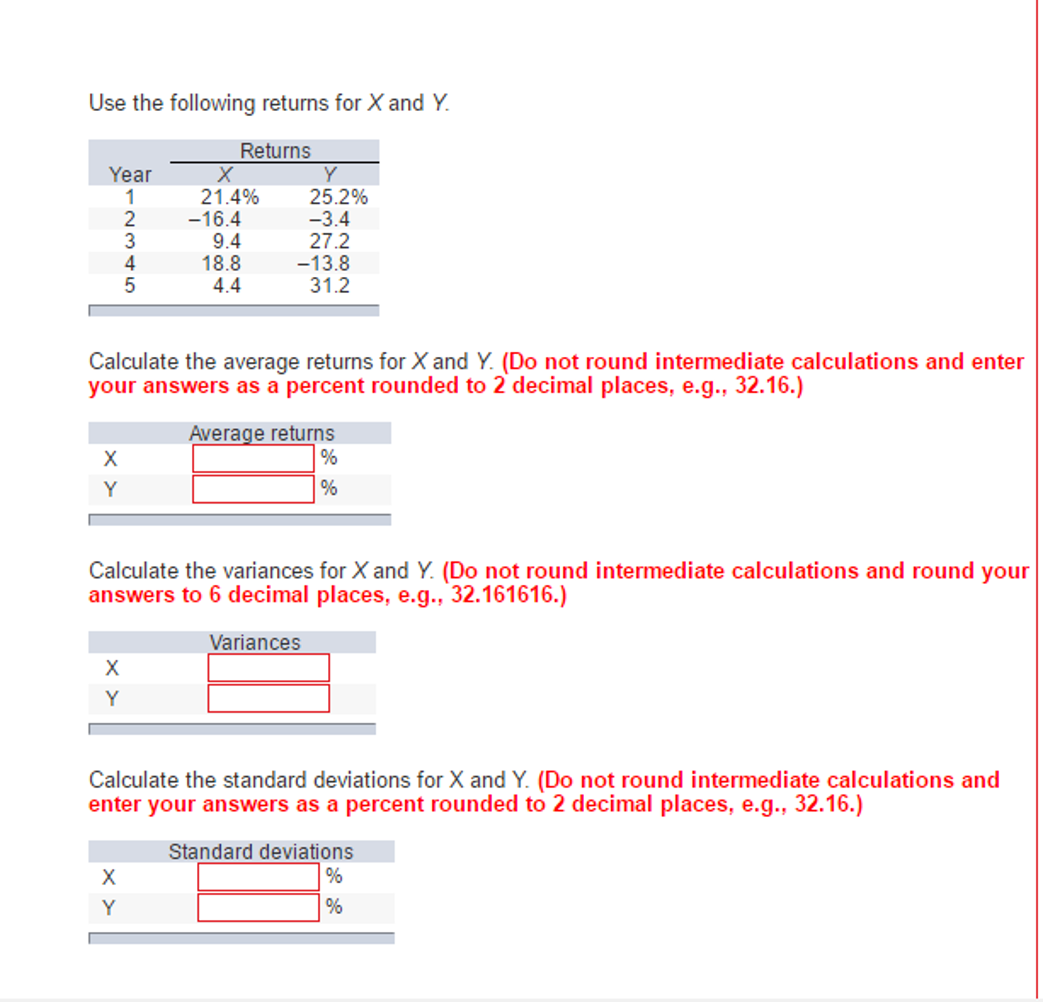 Solved Use the following returns for X and Y. Calculate the | Chegg.com