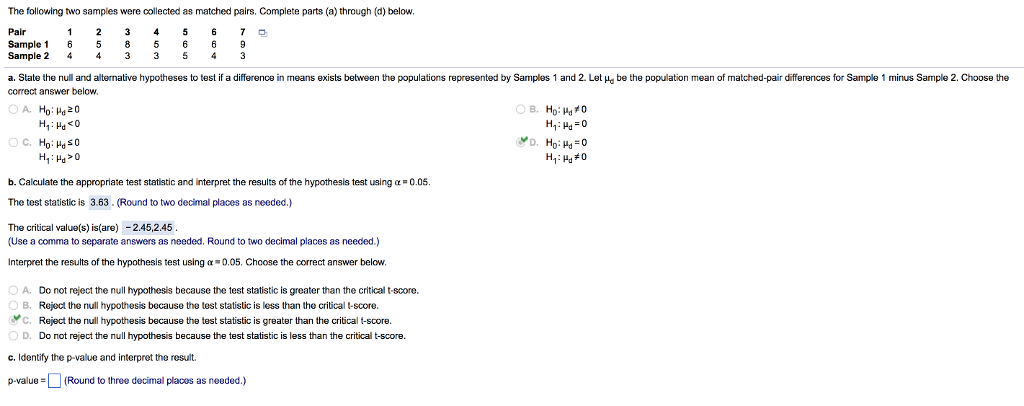 Solved The following two samples were collected as matched | Chegg.com