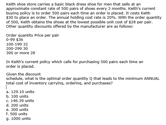 Solved Keith shoe store carries a basic black dress shoe for | Chegg.com