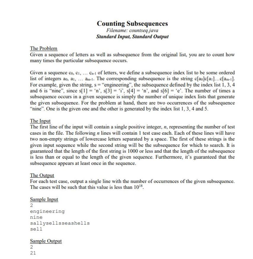 Solved Counting Subsequences Filename: countseq java | Chegg.com