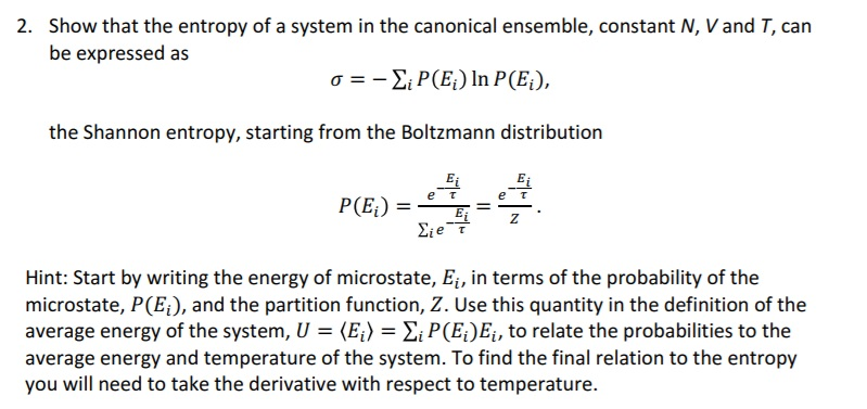Solved Show that the entropy of a system in the canonical | Chegg.com