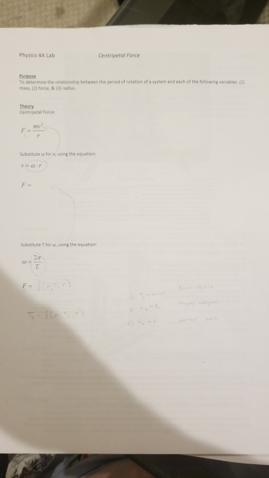 Solved Physics 4A Lab Centripetal Force Purpose To determine | Chegg.com