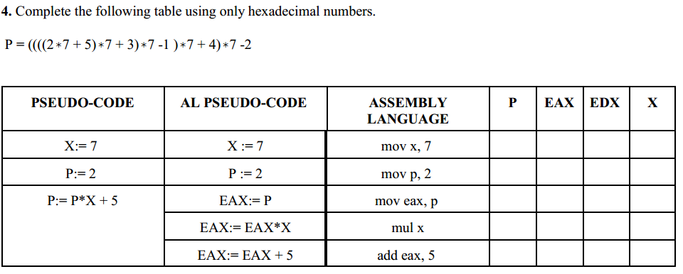 Solved 4. Complete the following table using only | Chegg.com