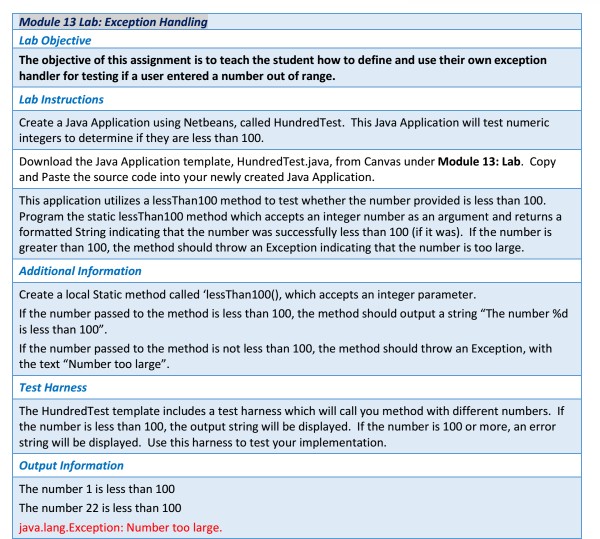 Module 13 Lab: Exception Handling Lab Objective The | Chegg.com Module 13 Lab: Exception Handling Lab Objective The | Chegg.com