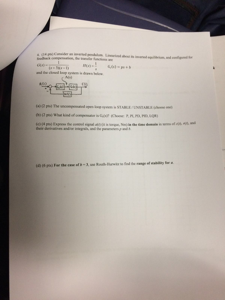 Solved 4. (14 pts) Consider an inverted pendulum. Linearized | Chegg.com