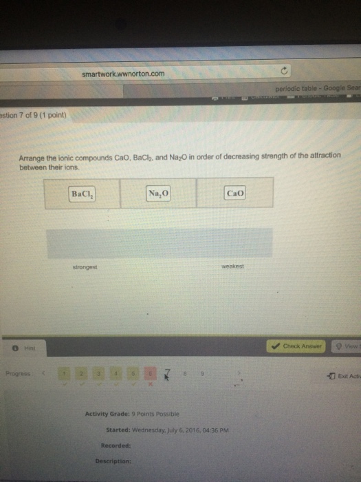 Solved Arrange the ionic compounds CaO, BaCl_2, and Na_2O in | Chegg.com