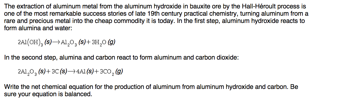 Solved The extraction of aluminum metal from the aluminum | Chegg.com