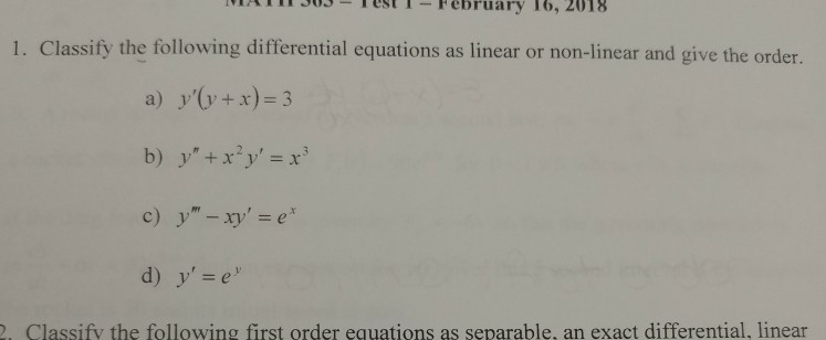 Solved 1. Classify the following differential equations as | Chegg.com