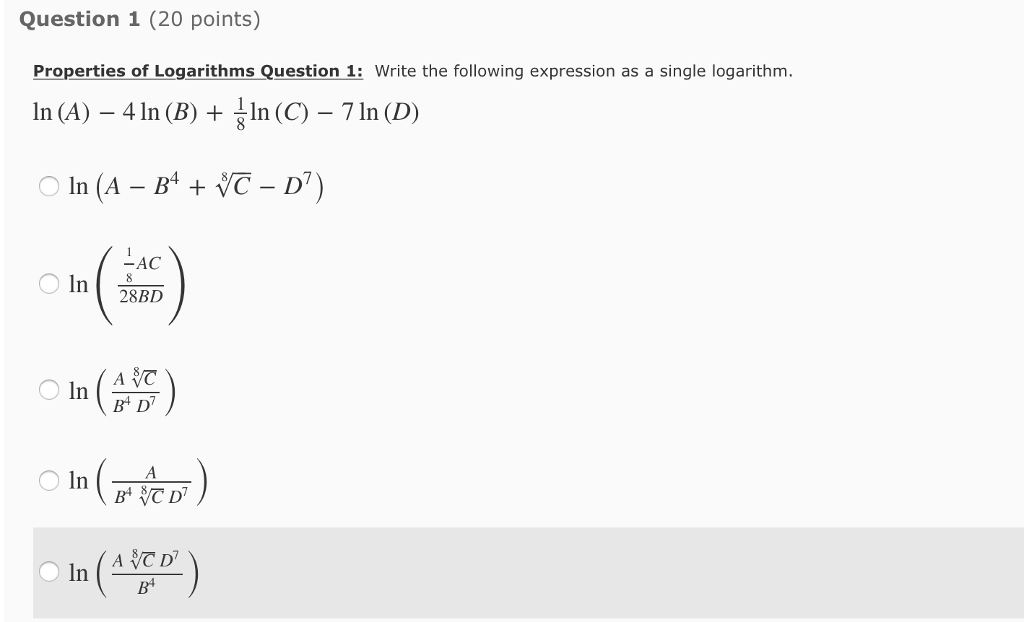 Solved Question 1 (20 points) Properties of Logarithms | Chegg.com