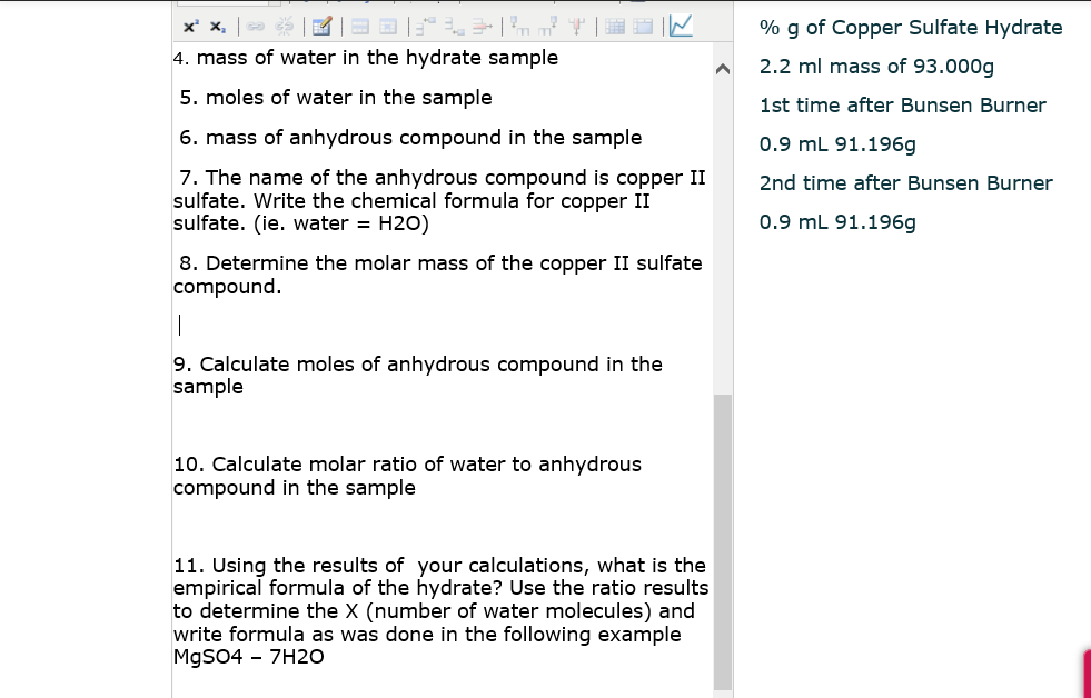Solved 4. mass of water in the hydrate sample 5. moles of | Chegg.com