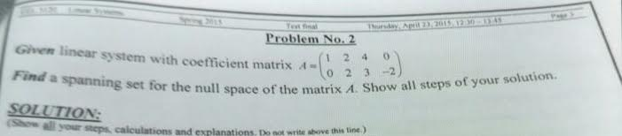 Solved Given linear system with coefficient matrix A = (1 2 | Chegg.com