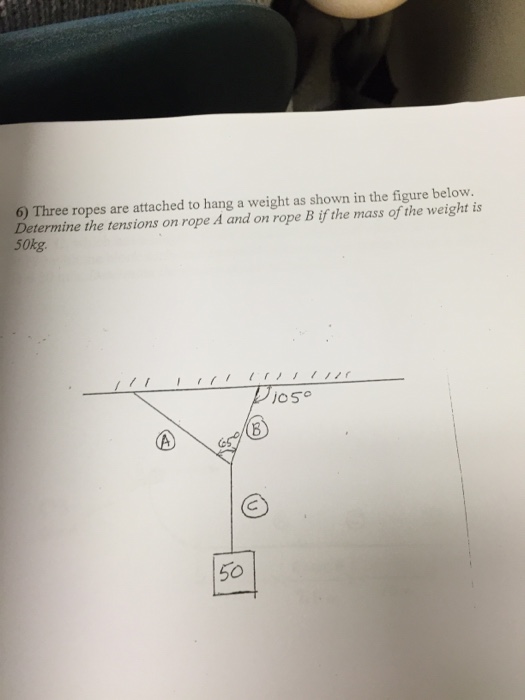 Solved 6) Three ropes are attached to hang a weight as shown | Chegg.com