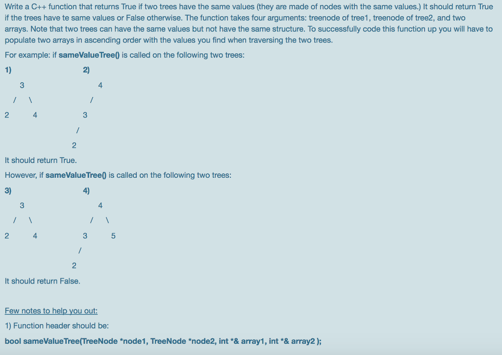 Solved Write a C++ function that returns True if two trees | Chegg.com