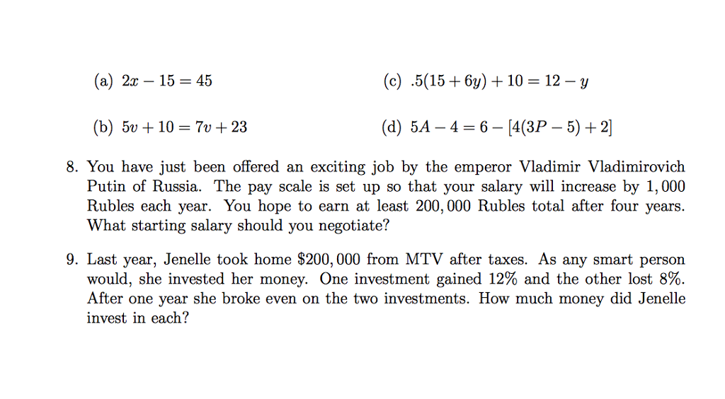 Solved (a) 2x - 15 = 45 (b) 5v + 10 = 7v + 23 (c) .5(15 + | Chegg.com