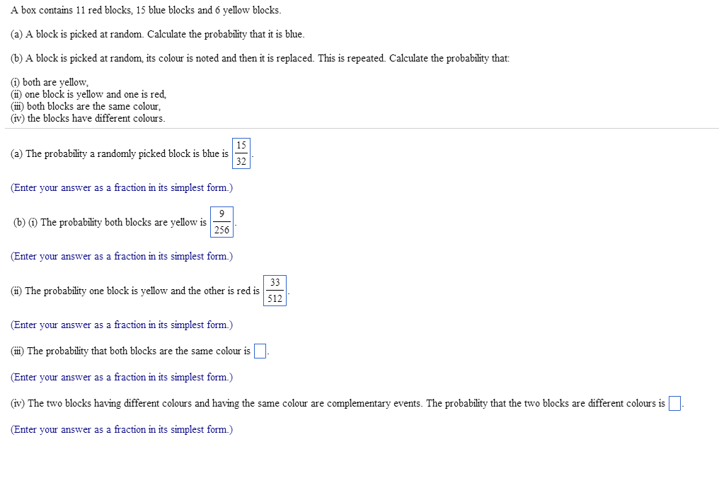 Solved A box contains 11 red blocks, 15 blue blocks and 6 | Chegg.com