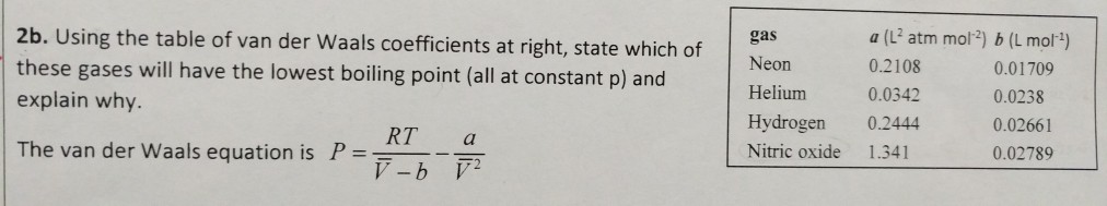 Solved 2b. Using the table of van der Waals coefficients at | Chegg.com