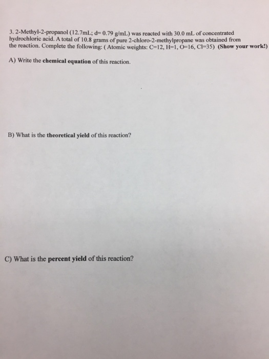 Solved 2-Methyl-2-propanol (12.7mL; d = 0.79 g/mL) was | Chegg.com