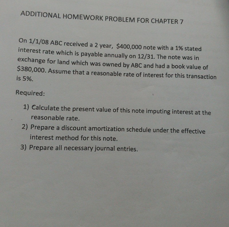 Solved ADDITIONAL HOMEWORK PROBLEM FOR CHAPTER7 On 1/1/08 | Chegg.com