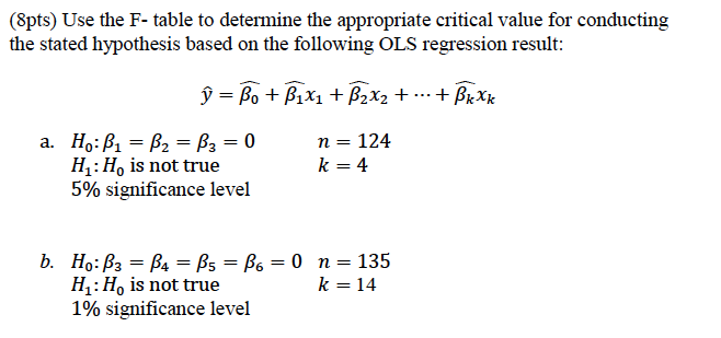 Solved (8pts) Use the F- table to determine the appropriate | Chegg.com
