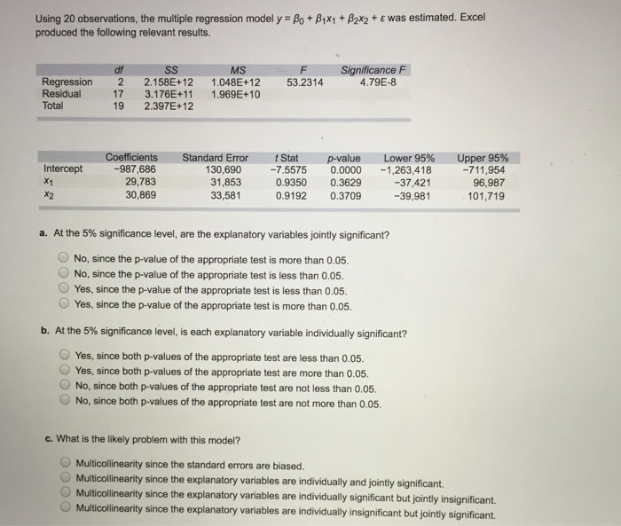 Solved Using 20 observations, the multiple regression model | Chegg.com