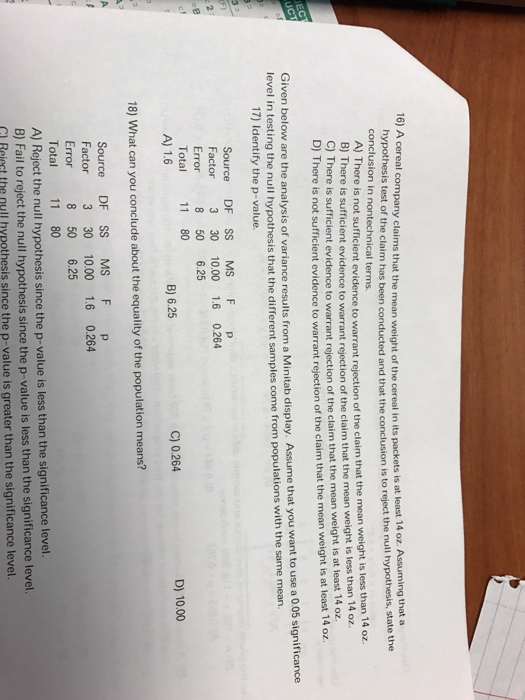 Solved A cereal company claims that the mean weight of the | Chegg.com