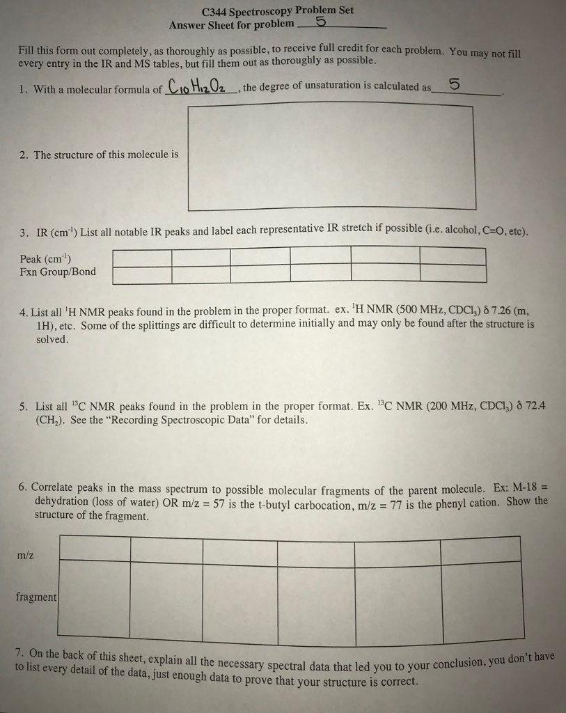 Solved C344 Spectroscopy Problem Set Answer Sheet for probem | Chegg.com
